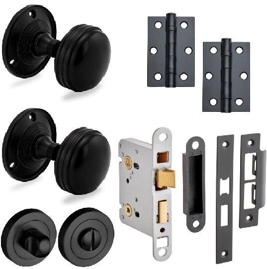 Ringed Mortice Door Knob Complete Bathroom Door Pack - Matt Black - 76mm - Knob/Lock/Hinges ...